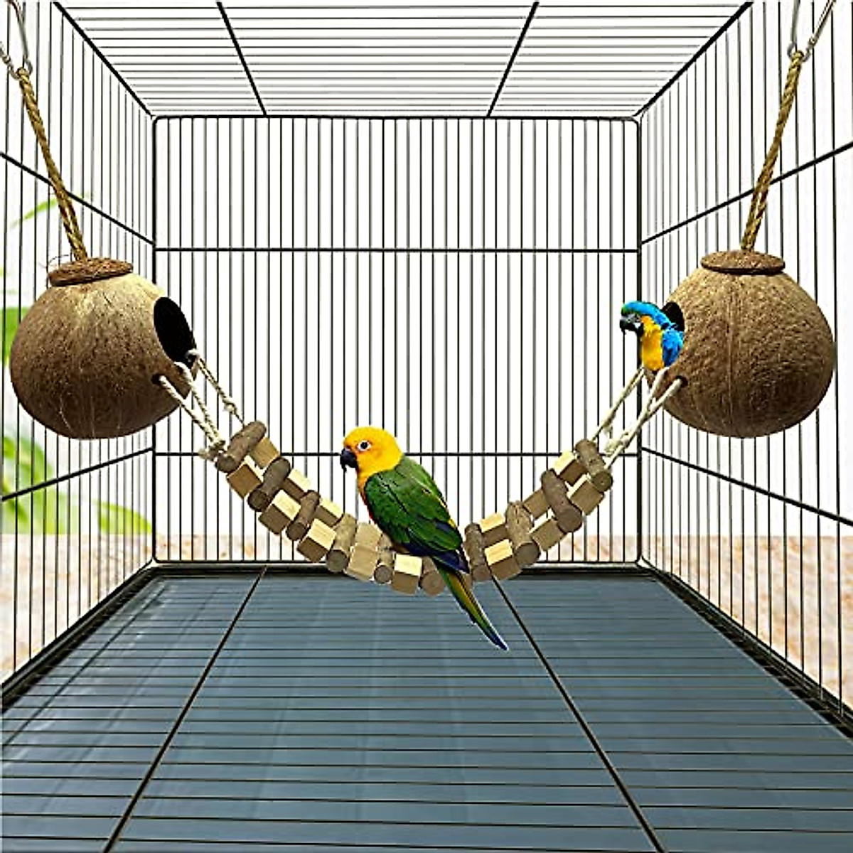 Hamiledyi Coconut Bird Nest Hut with Ladder Hanging Birds Hide House Toy for Cage Natural Coco Shell Hideaway for Parakeet Lovebirds Finch Syrian Hamster Gecko Squirrel Climbing
