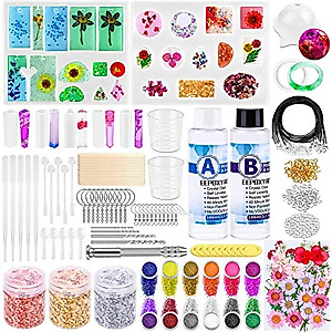 Thrilez 219Pcs Resin Kit for Beginners, Resin Mold Kit with Resin Molds Silicone and Epoxy Resin Supplies Include Dried Flowers, Foil Flakes, Necklace Cord, Earring Hooks for DIY Jewelry Making