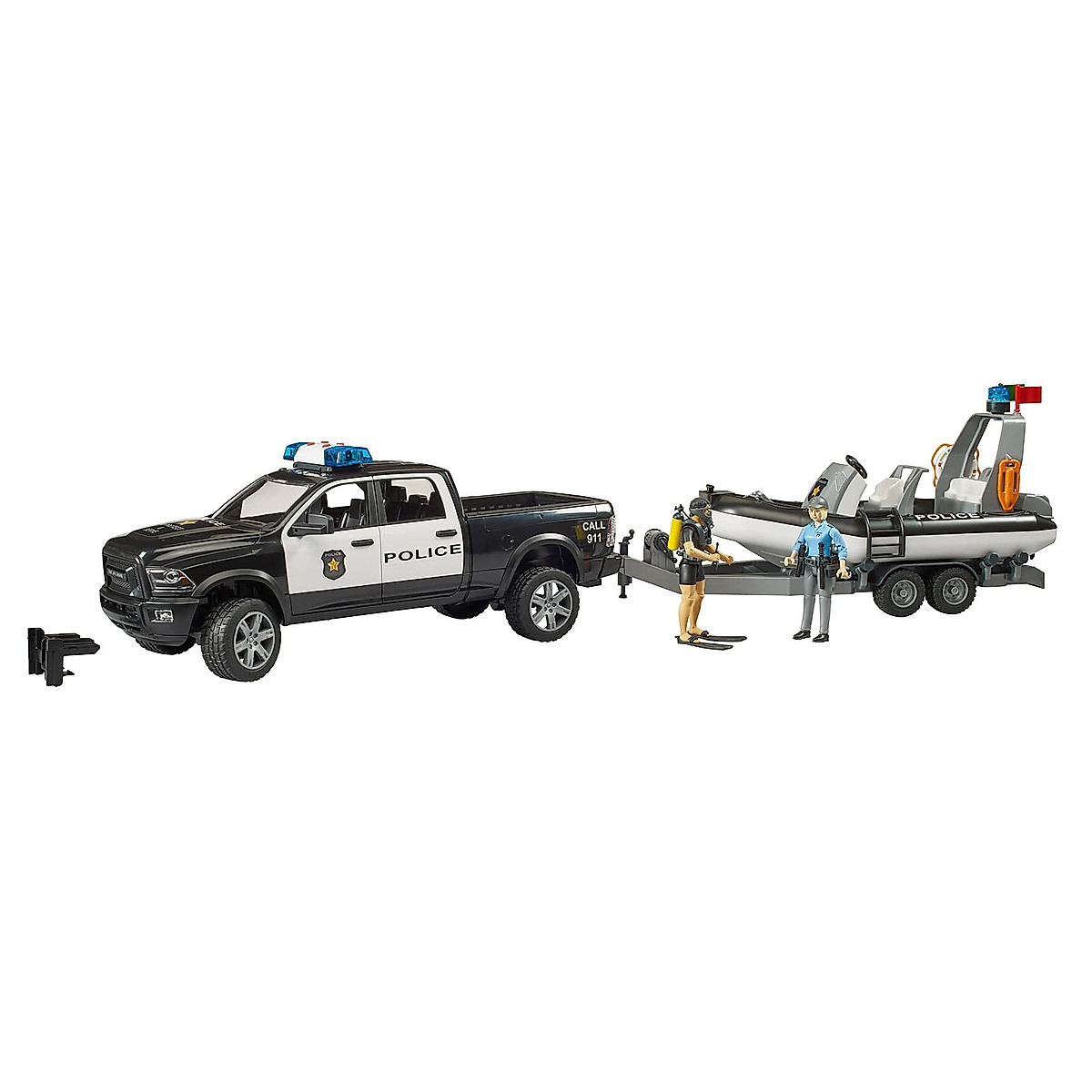 Bruder RAM 2500 Police Pickup with L + S Module Trailer, Boat and 2 Figures