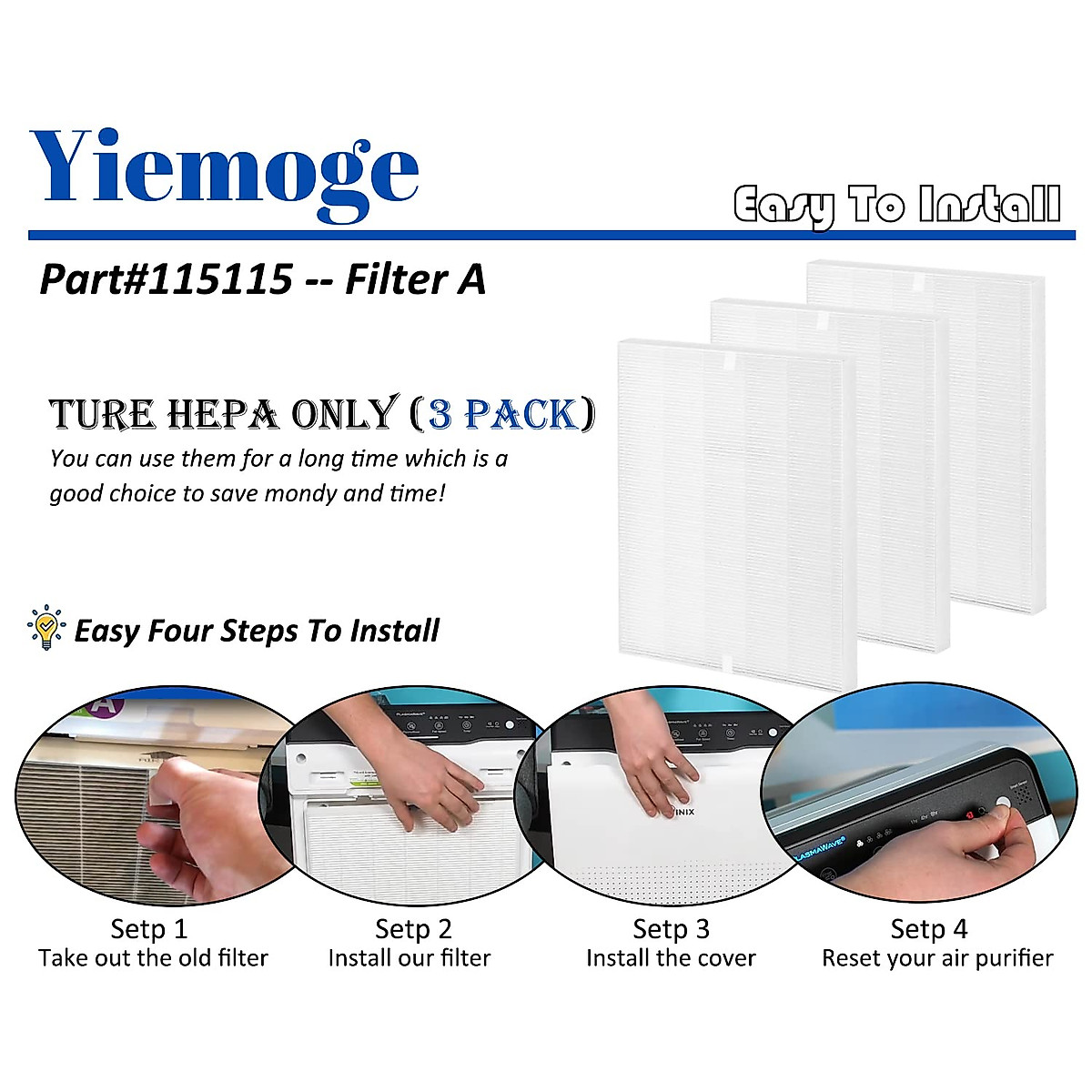 Yiemoge 115115 Replacement filter A: Compatible with winix Plasmawave C535 5300 5300-2 6300 6300-2 AM90 P300 Air Purifier - 3 TURE HPEA filter only