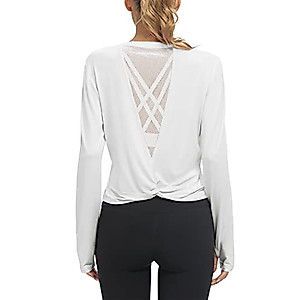 Mippo Yoga Top for Women Long Sleeve Workout Shirts Athletic Tops Work Out Tshirts Gym Clothes Sports Running Shirt Soft Breathable Athleisure Tops Loose Fit White S