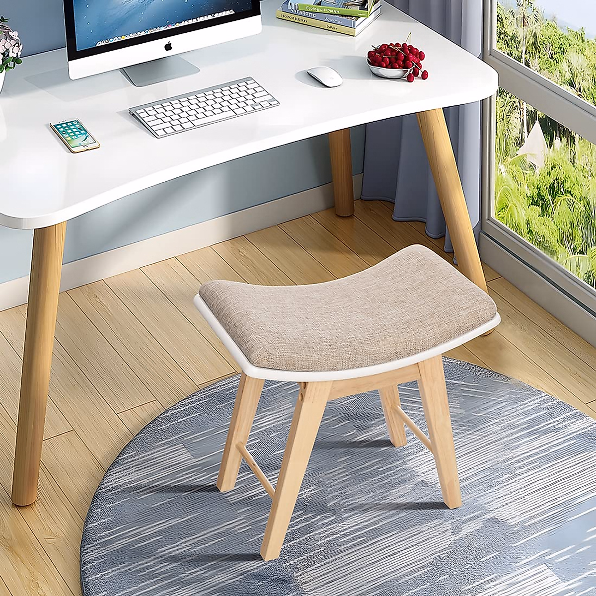 Iwell Vanity Stool, Vanity Bench with Rubberwood Legs & Padded Cushion, Vanity Chair, Vanity Seat, Makeup Dressing Stool for Bedroom, Natural