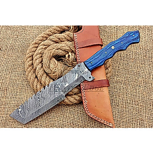 HUNTEX Unique Custom Handmade Hand-Forged Twist Pattern Damascus Steel 14 Inch Long Full Tang Pakka Wood Handle Razor Sharp Hunting Camping Tracker Knife with Genuine Leather Sheath