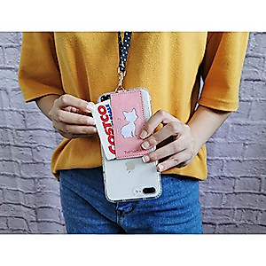 Tainada Stick On Adhesive PU Leather Animal Silhouette Wallet Cash ID Credit Card Holder with Detachable Neck Lanyard Compatible with Most Smartphones + One Cord Wrapper (Pink Cat)