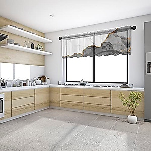 Chiffon Window Valance Kitchen Curtains Grey White Marble Crack,Rod Pocket Tier Curtain Light Filter Panel,Gold Foil Lines Abstract Art Windows Valances Drapes for Bedroom,Bathroom 54x18In