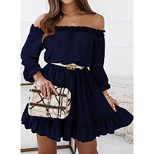 Dokotoo Women's Casual Dresses Ruffle Off The Shoulder Long Sleeve Dress for Women Elegant Solid Color Elastic Waist Party Short Dress A-Line Sexy Spring 2024 Country Concert Outfits Blue X-Large