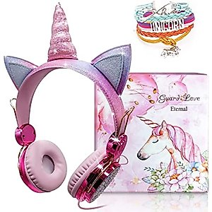 Unicorn Kids Headphones for Girls Children Teens, Wired Headphones for Kids with Adjustable Headband, 3.5mm Jack and Tangle-Free Cord, Over On Ear Headset w/Mic for School Birthday Xmas Unicorn Gift