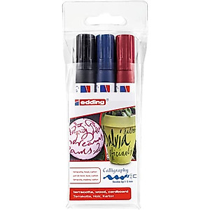 edding 1455 calligraphy marker - set of 3 markers - black, steel blue, crimson lake - flexible calligraphy nib 1-5 mm - fibre pen for paper, wood, terracotta, canvas - hand lettering, bullet journals