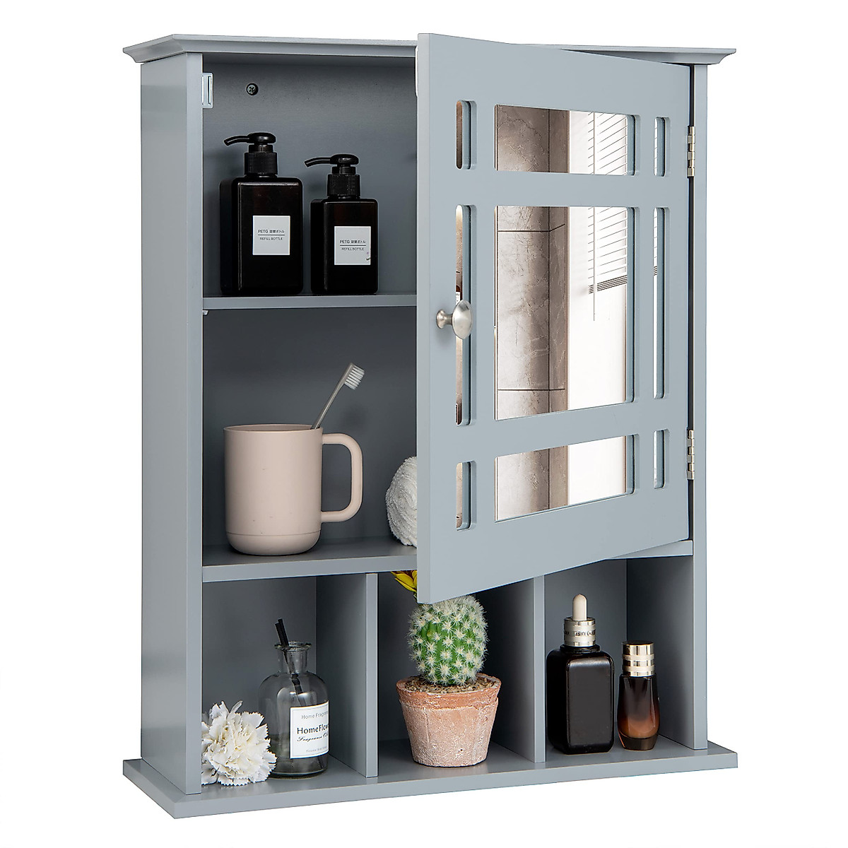 LOKO Bathroom Medicine Cabinet with Mirror, Small Bathroom Cabinet Wall Mounted with Single Mirrored Door & Adjustable Shelf, Bathroom Wall Cabinet, 19 x 6.5 x 23.5 inches (Grey)