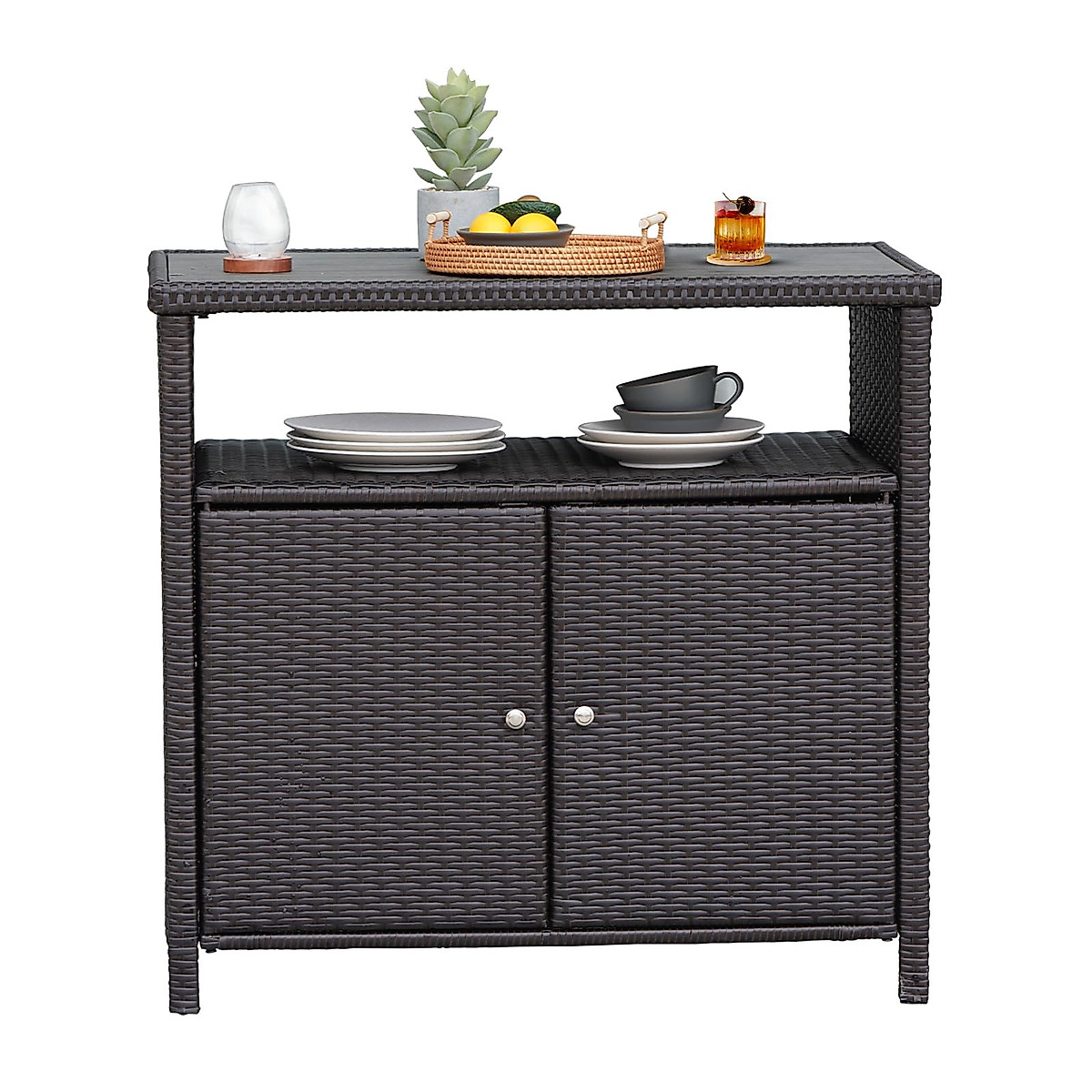 Grand patio Wicker Storage Cabinet Outdoor Waterproof Buffet Cabinet Patio Bar Table with Two Doors and Shelves Wicker Sideboard for Garden Kitchen Pool Dark Brown
