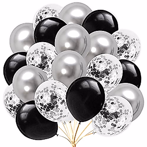 Black and Silver Confetti Balloons-60 pcs 12 Inch Black and Silver Metallic Chrome Latex Balloons for Birthday Graduation Ceremony Bachelor Engagement Wedding Baby Shower Party Decorations