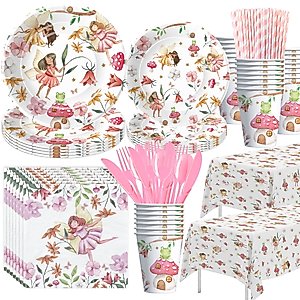 Xigejob Fairy Party Decorations Tableware - Fairy Birthday Party Supplies, Plate, Cup, Napkin, Tablecloth, Cutlery, Flower Fairies Enchanted Forest Garden Birthday & Baby Shower Decorations | Serve 24