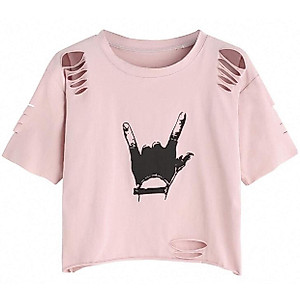 SweatyRocks Women's Short Sleeve T Shirt Graphic Print Distressed Crop Top Gesture Light Pink Small
