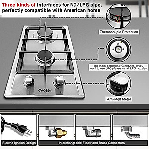Gas Cooktop 2 Burner, Cooksir Built in Gas Stovetop 12 Inches, NG/LPG Convertible Stainless Steel Gas Hob with Flame Out Protection, for Apartments, Indoor Use, 110v