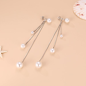 SLUYNZ Sterling Silver Pearls Dangle Earrings Chain for Women Teen Girls Wedding Dangle Earrings Long Tassel (A-Silver)