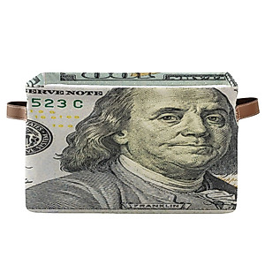 Large Foldable Storage Basket 100 Dollar Bill Printed Storage Bin Canvas Toys Box Fabric Decorative Collapsible Organizer Bag with Handles for Bedroom Home