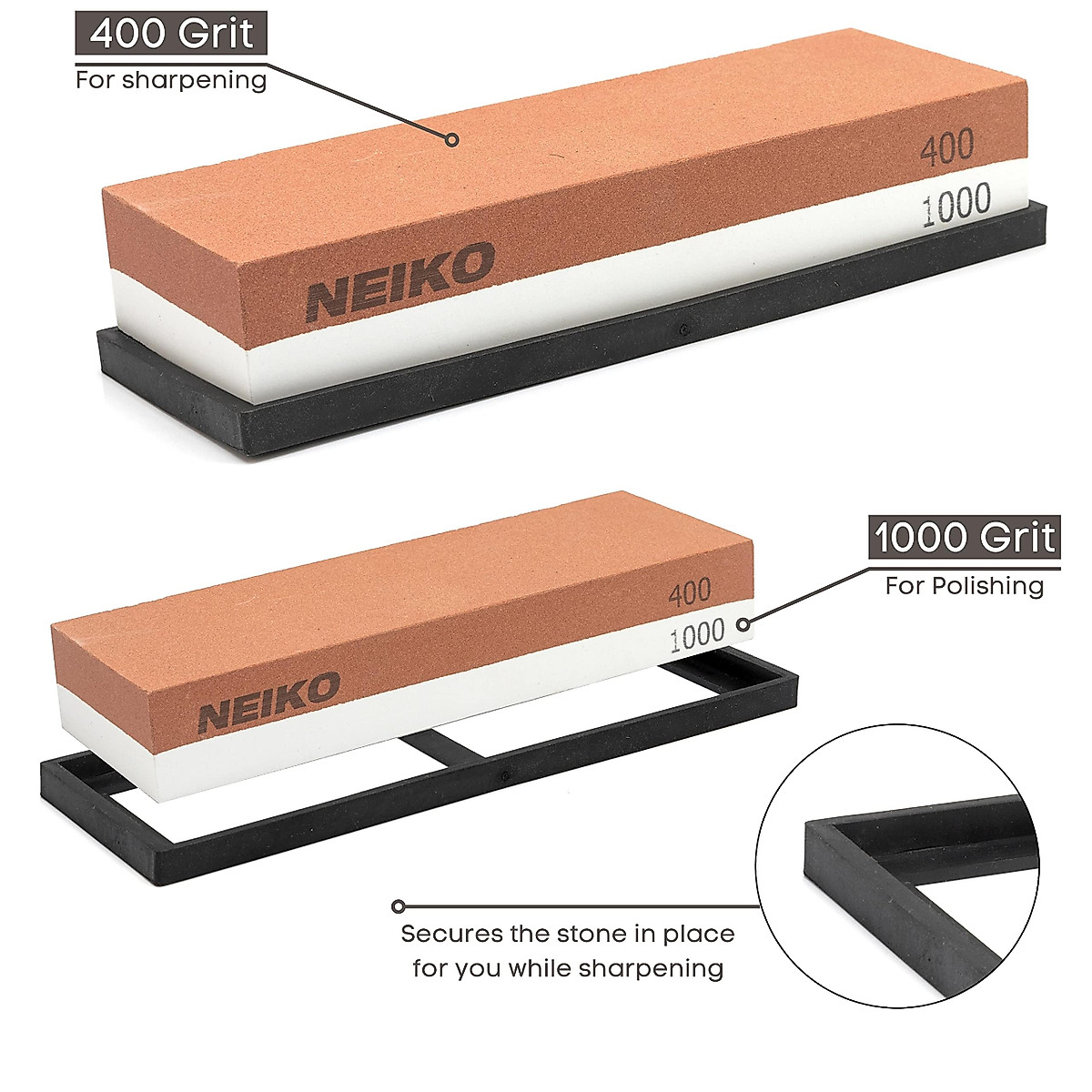 NEIKO 54004A Whetstone, Knife Sharpening Stone, 400 & 1000 Grit, Coarse, 2 Side Sharpener Stone, Water Sharpening Stone Set, Scissor, Blade, Kitchen Knife Sharpener Stone, Wet Stone Sharpening Kit