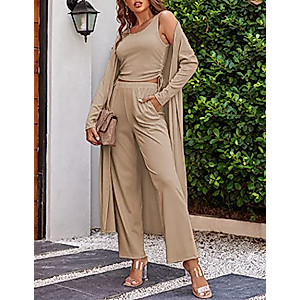 Ekouaer Women's 3 Piece Knit Lounge Set Sweatsuit Khaki