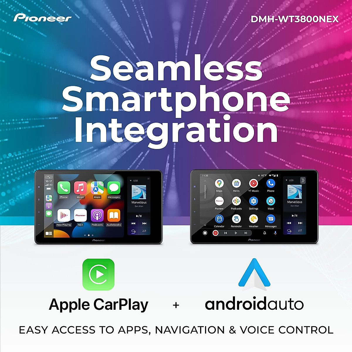 Pioneer DMH-WT3800NEX Digital Multimedia Receiver with Wireless Apple CarPlay and Android Auto, 9” Capacitive Floating Screen, Single-DIN, Built-in Bluetooth and WiFi, Amazon Alexa via App