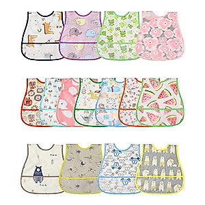15 Pack Baby Bibs Set Waterproof Toddler Feeding Bibs with Food Scraps Catcher Pocket Soft Adjustable Snaps Feeding Bibs Unisex Infant Bibs Gift for Infants Babies Toddler Boys and Girls 6-24 Months