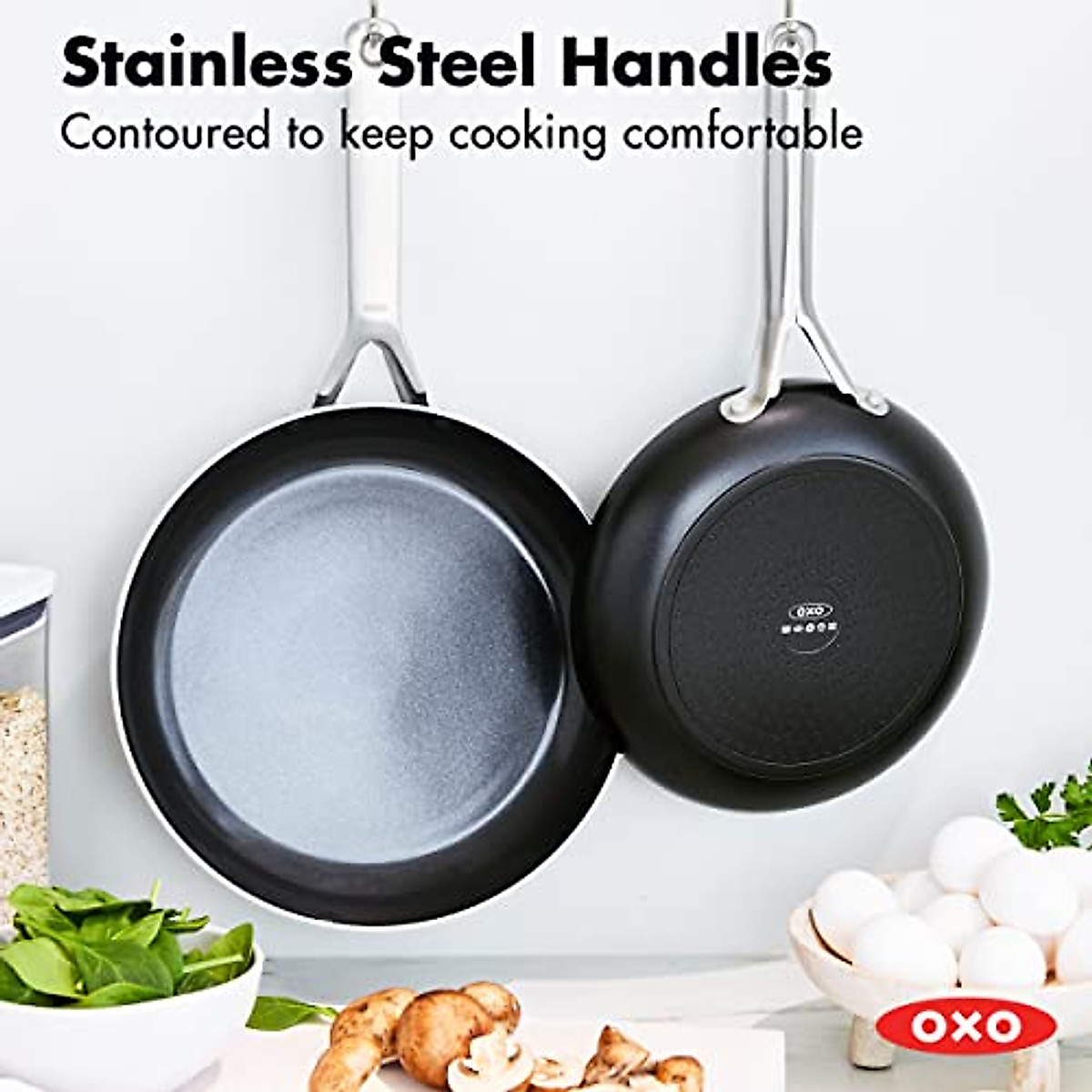 OXO Agility Series 9.5" and 11” Frying Pan Skillet Set, Ceramic Nonstick Cookware PFAS-Free Induction Suitable Quick Even Heating, Stainless Steel Handle, Chip-Free Rims Dishwasher and Oven Safe Black