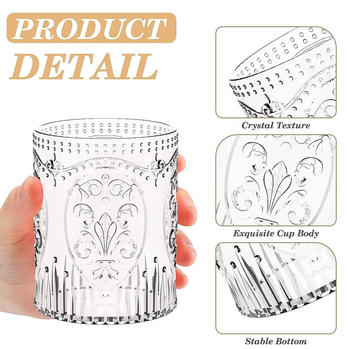 Qinyoung Plastic Vintage Drinking Glasses 8.5oz Stemless Wine Glasses Retro Embossed Wine Glasses Shatterproof Reusable Wine Cups for Baby Shower Wedding Reception Grand Event Party(Clear,12)