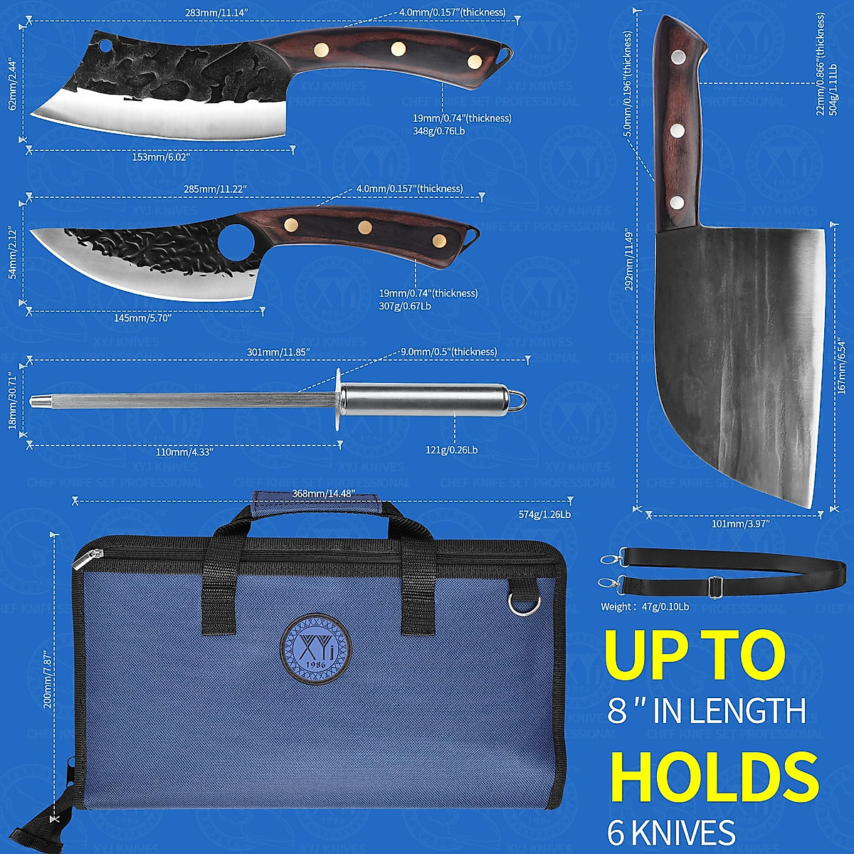 XYJ Portable Chef Knife Set Professional,Cleaver Butcher Knife,Forged Carving Boning Knives With Bag,Sharpener Rod,Camping Serbian Kitchen Knives,Full Tang