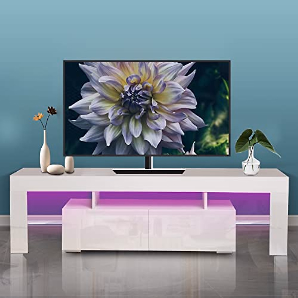 HAKFOO Modern LED TV Stand for 65/55 inch TV, Modern Entertainment Center with 1-2 Storage Drawers, High Gloss Television Stand for Living Room, APP/Remote RGB Light (White, 63inch)