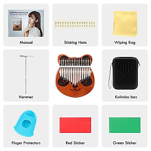 JeuRon 17 Keys Mahogany Kalimba Thumb Piano Finger Instrument With Portable Case Turning Hammer Study Instruction,Gift for Kids Adult Beginners and Professionals (OWL)