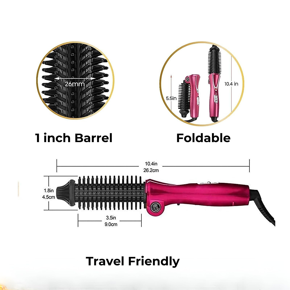 Mini Collaspe Hair Curler, Tangle-Free Curling Iron Brush and Volumizer, 1 inch Dual Voltage Travel-Friendly Tourmaline Ceramic Ionic Brush Styling Wand（Don't Blow Air