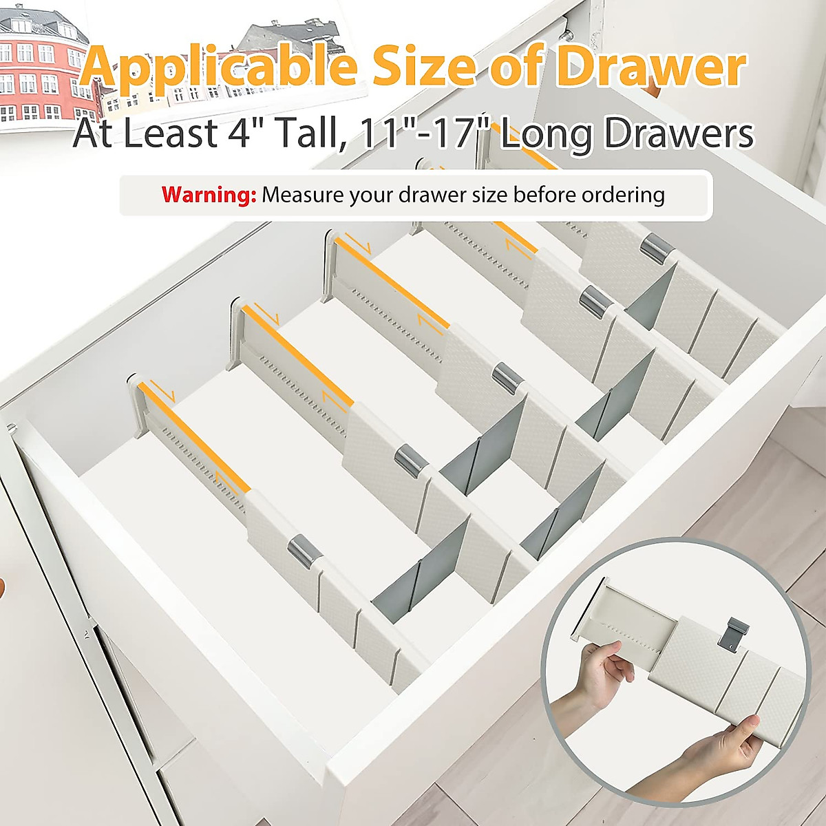 JONYJ Drawer Dividers Organizer 5 Pack, Adjustable Separators with 10 Inserts 4" High Expandable from 11-17" for Bedroom, Bathroom, Closet, Clothing, Office, Kitchen, Strong Secure Hold, Ivory