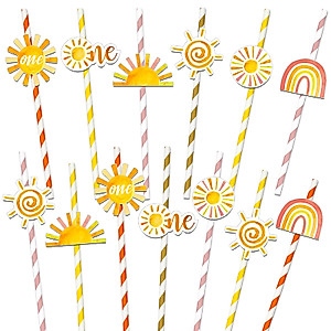 Perkoop 60 Sets First Trip Around the Sun Birthday Party Paper Straws Sun Themed Stripes Straws Rainbow Drinking Straws for Sun 1st Birthday Theme Party Baby Shower Favors Decorations