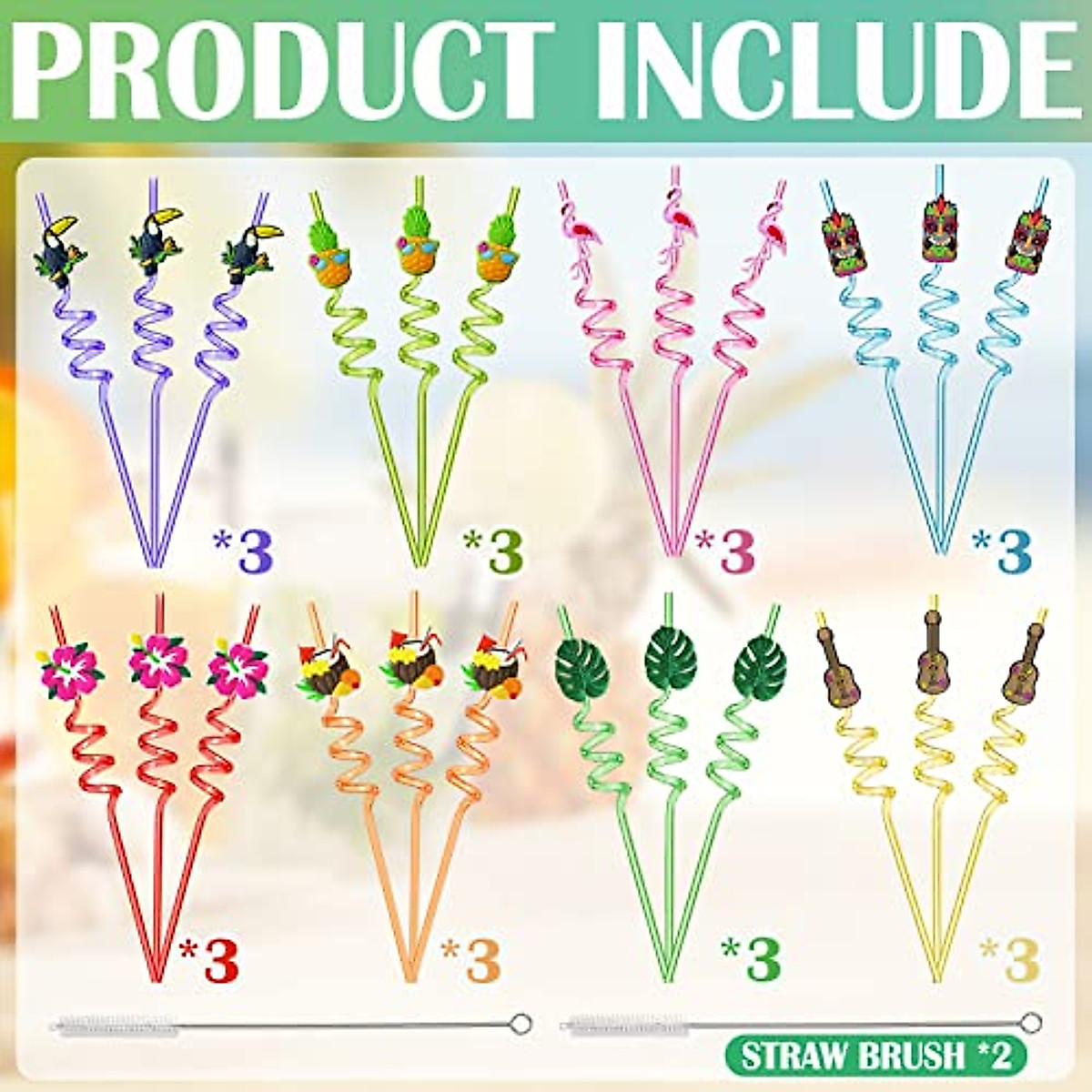Hawaiian Luau Party Favor Drinking Straws (24 Pcs) Summer Beach Pool Birthday Party Supplies Reusable Plastic Drink Straw for Tropical Luau Party (2 Pcs Cleaning Brushes inside)…