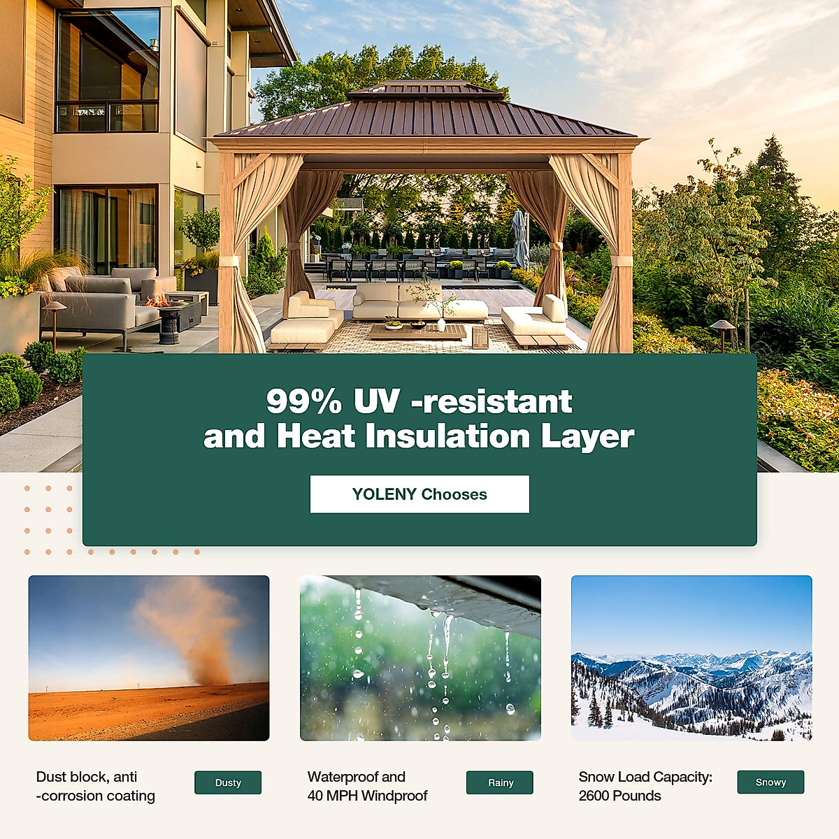 YOLENY 10'x12' Hardtop Gazebo, Wooden Finish Coated Aluminum Frame Canopy with Galvanized Steel Roof, Outdoor Metal Gazebos with Curtains and Nettings for Patio, Backyard, Deck and Lawns