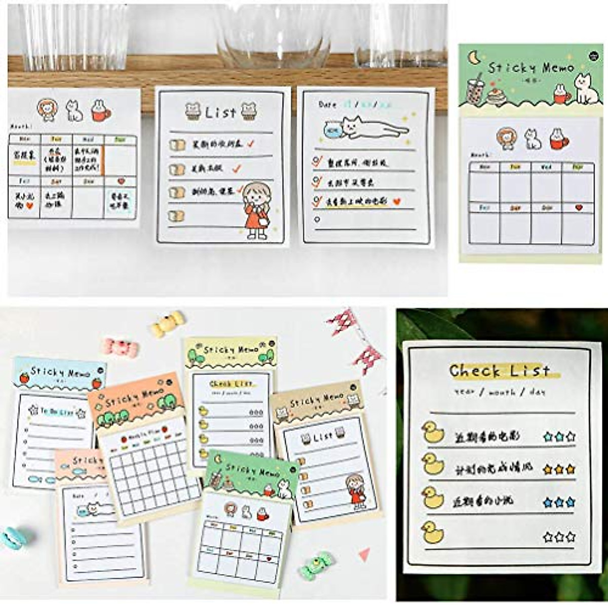 DzdzCrafts Cat Weekly Daily Monthly Planner Check List 6-Packs 180 Sheets 3.4" x 5.2" Sticky Notes Notepads Self-Stick Memo Pads