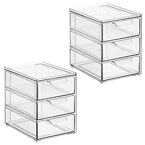 mDesign Plastic Stackable Organizer with 3 Drawers - Pull-Out Drawer Storage Bin for Bathroom Sink/Cabinet Organization - Perfect for Makeup, Small Towels, and More - Lumiere Collection, 2 Pack, Clear