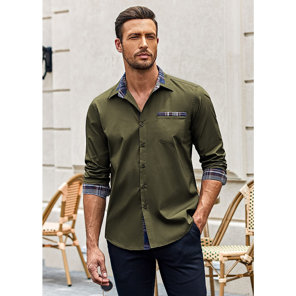 COOFANDY Men's Casual Button Down Shirts Plaid Collar Dress Shirt Army Green X-Large