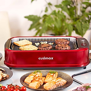 Indoor Grill, CUSIMAX Smokeless Grill Indoor, Electric Grill Griddle, 1500W Korean BBQ Grill with LED Smart Display & Tempered Glass Lid, Non-stick Removable Grill Plate & Griddle Plate, Red