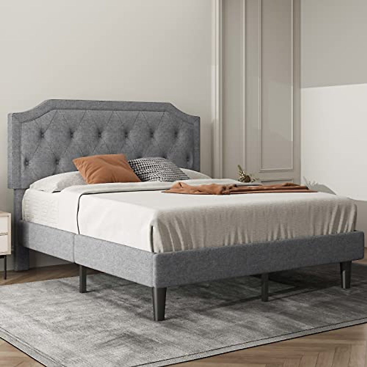 Allewie Upholstered Queen Size Platform Bed Frame with Adjustable and Curved Corner Design Headboard, Easy Assembly, No Box Spring Required, Light Grey
