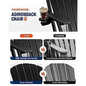 POWERWOOD Folding Adirondack Chair Wood Texture, HDPE Higher Back Plastic Adirondack Chairs with Cup Holder, Weather Resistant Composite Chair for Outdoor, Patio, Lawn, Garden, Fire Pit Chairs (Black)