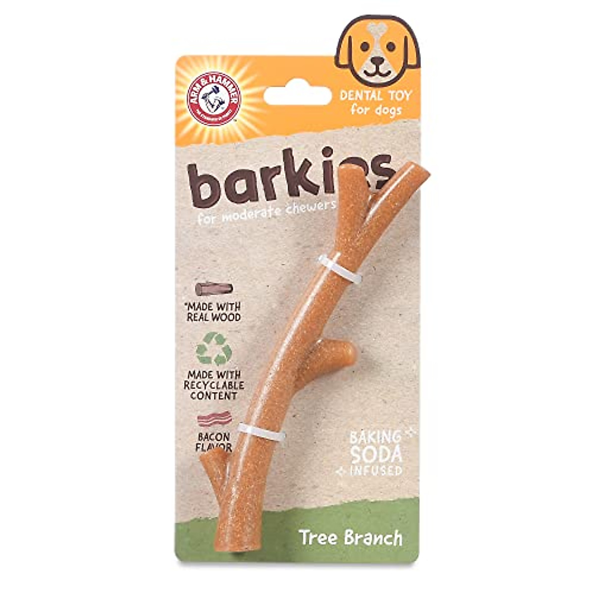 Arm & Hammer for Pets Barkies Tree Branch Compressed Wood Collection, 8 Inch Bacon Flavored Wood Blend Chew Toy for Dogs | Faux Stick, Splinter-Free, Safer & Durable Alternative to Chewing Sticks