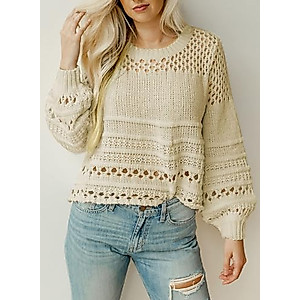 Dokotoo Women's Balloon Long Sleeve Sweater Tops Round Neck Crochet Hollow Out Knit Pullover Jumper Tops Sweaters for Women White Small