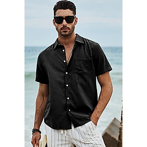 JMIERR Mens Summer Casual Stylish Short Sleeve Button-Up Shirts Cotton Linen Solid Color Business Dress Shirts Beach T Shirt, 2XL, Black