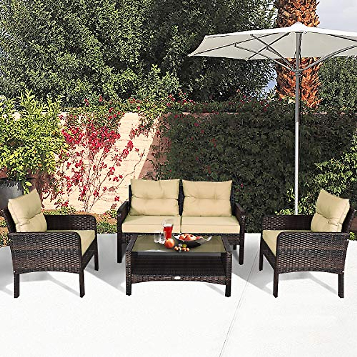 HAPPYGRILL 4-Piece Patio Furniture Set Outdoor Rattan Wicker Sofa Set with Cushions & Coffee Table, Conversation Sofa Set with Tempered Glass Table Top and Storage Shelf