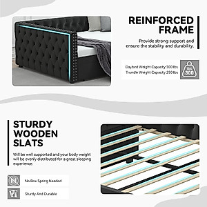 KINFFICT Velvet Full Daybed with Twin Trundle, Modern Upholstered Full Size Day Bed Button-Tufted Sofa Daybed Frame with A Roll-Out Trundle (Black)