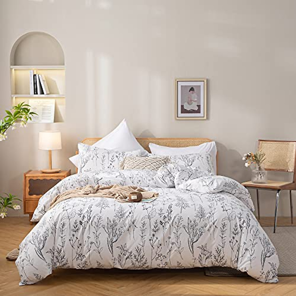 JANZAA 3pcs White Comforter Set, Soft Microfiber Bedding Plant Flowers Printed Comforter with 2 Pillow Cases for All Seasons(Queen)