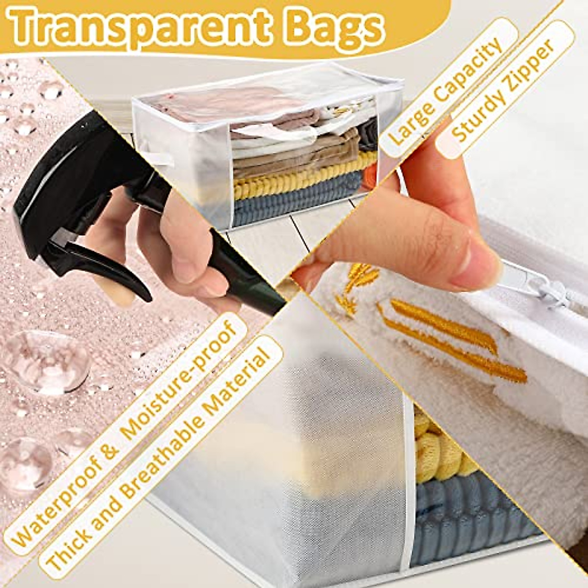 9 Pcs Clear Zippered Storage Bags Fabric Blanket Organizer Plastic Clothes Containers Large Storage Bins with Handle for Bedding Closet Sheets Toys, White, 25.6 x 13.8 x 11.8 Inch