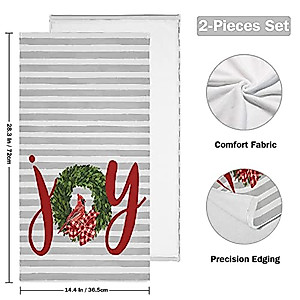 Christmas Wreath Joy to World Hand Bath Towel Winter Cardinal Birds Kitchen Bathroom Faucet Towel White Gray Stripe Fingertip Towel Set Highly Absorbent Guest Shower Towels 16x30 Holiday Decorations