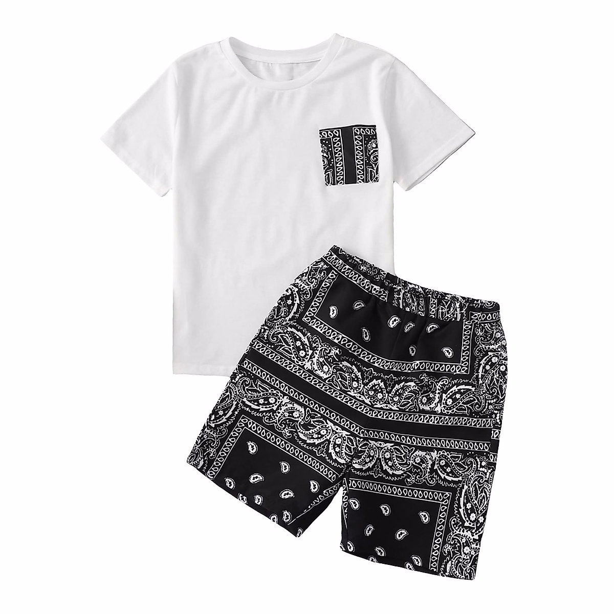 SOLY HUX Boys Boho Paisley Print Short Sleeve T Shirt and Shorts Set 2 Piece Outfits Black and White Paisley 13-14Y