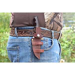 Knives Ranch Handmade Damascus Steel Full Tang 7-1/2" Skinning Knife - Rosewood Handle - Heavy-Duty Dual Carrying Leather Sheath (2016-IRW)